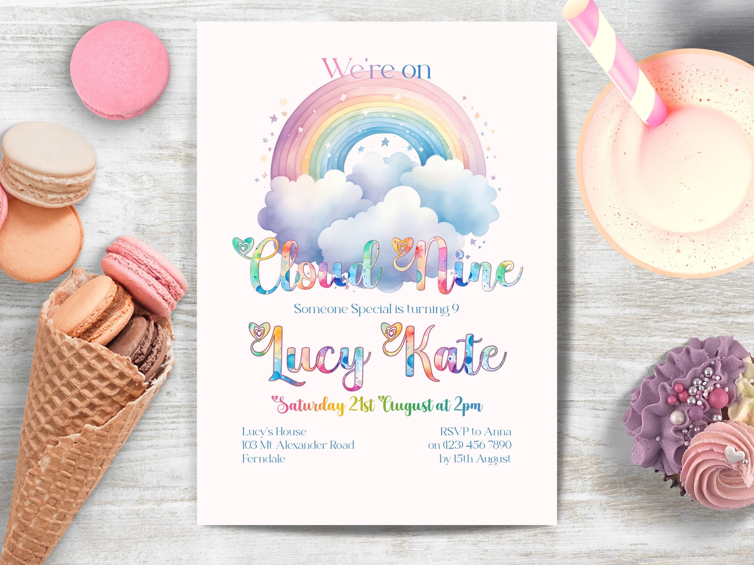 On Cloud Nine Invitation, INSTANT DOWNLOAD, Rainbow Cloud Invite, Girl ...