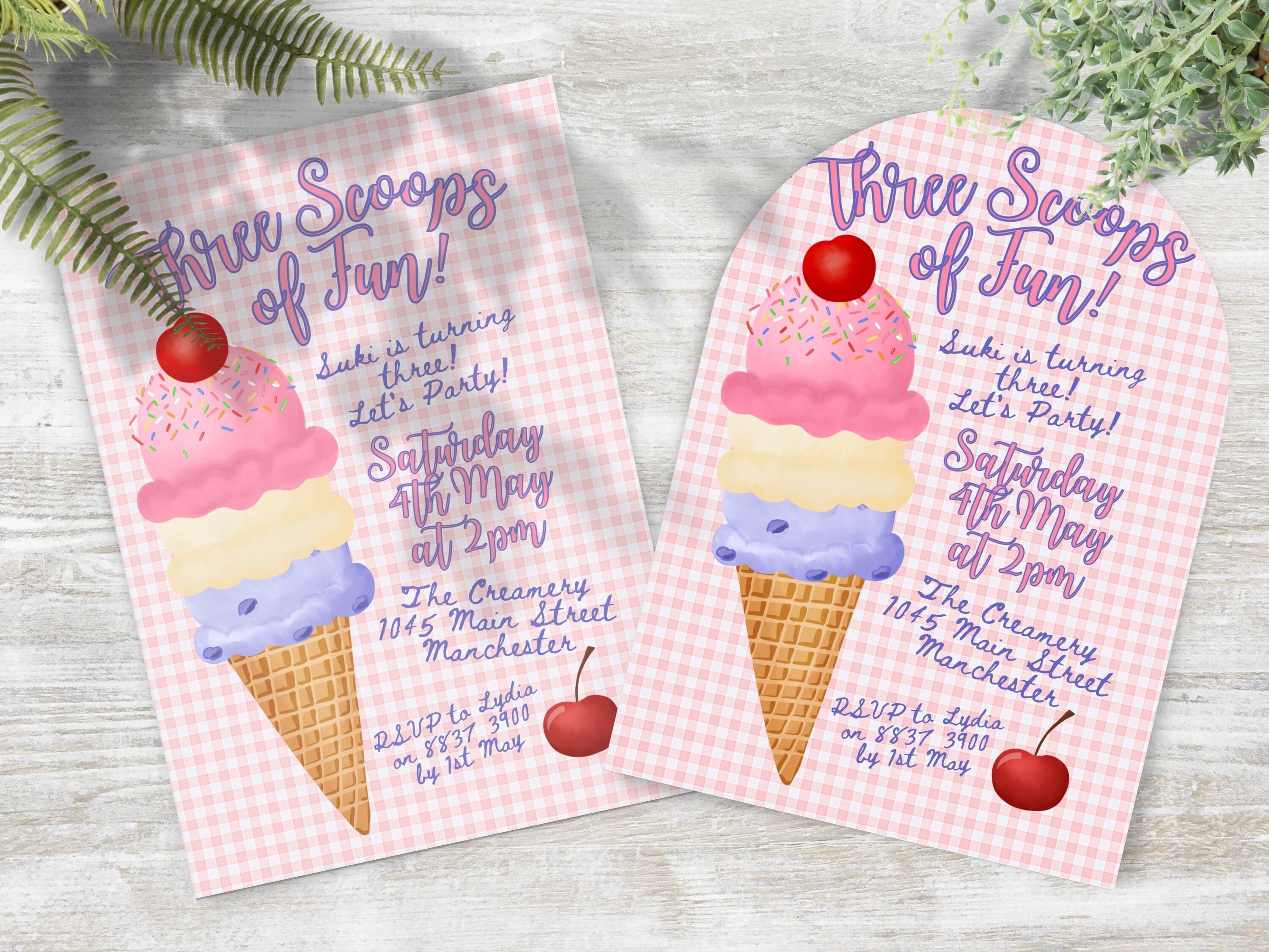 Three Scoops of Fun, Girl Ice Cream Birthday Party Invitation INSTANT ...