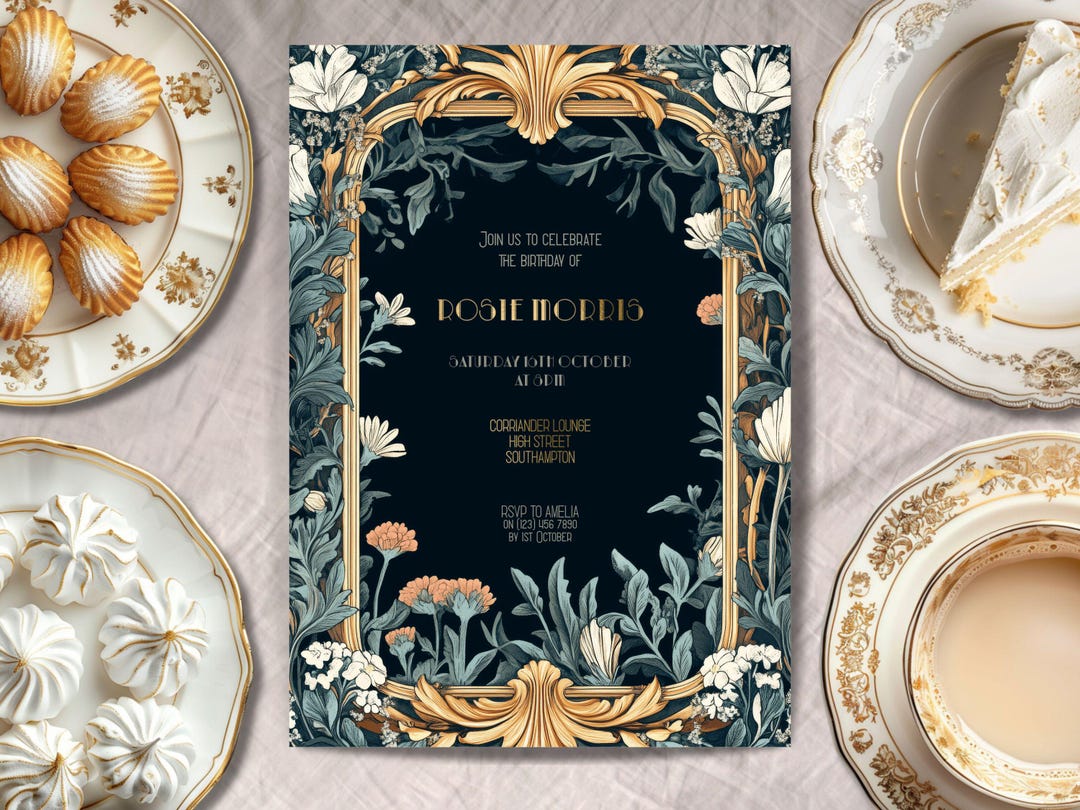 Art Nouveau Birthday Invitation, INSTANT DOWNLOAD, Navy, Gold, Ladies ...