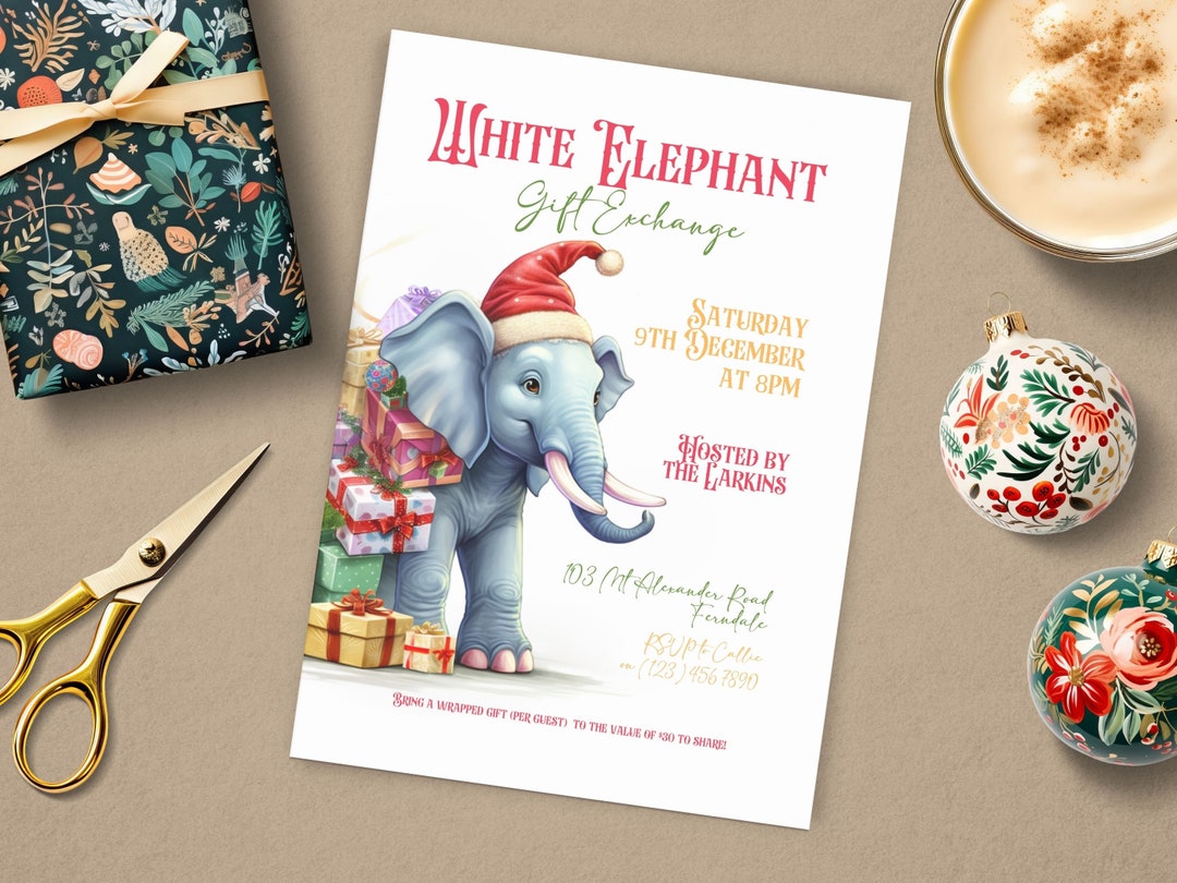 White Elephant Party Invitation Template, INSTANT DOWNLOAD, Secret ...