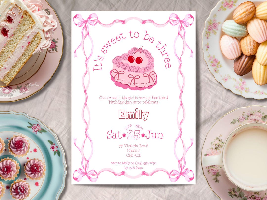It's Sweet to Be Three Invite, INSTANT DOWNLOAD, Coquette Bow, Girl's ...