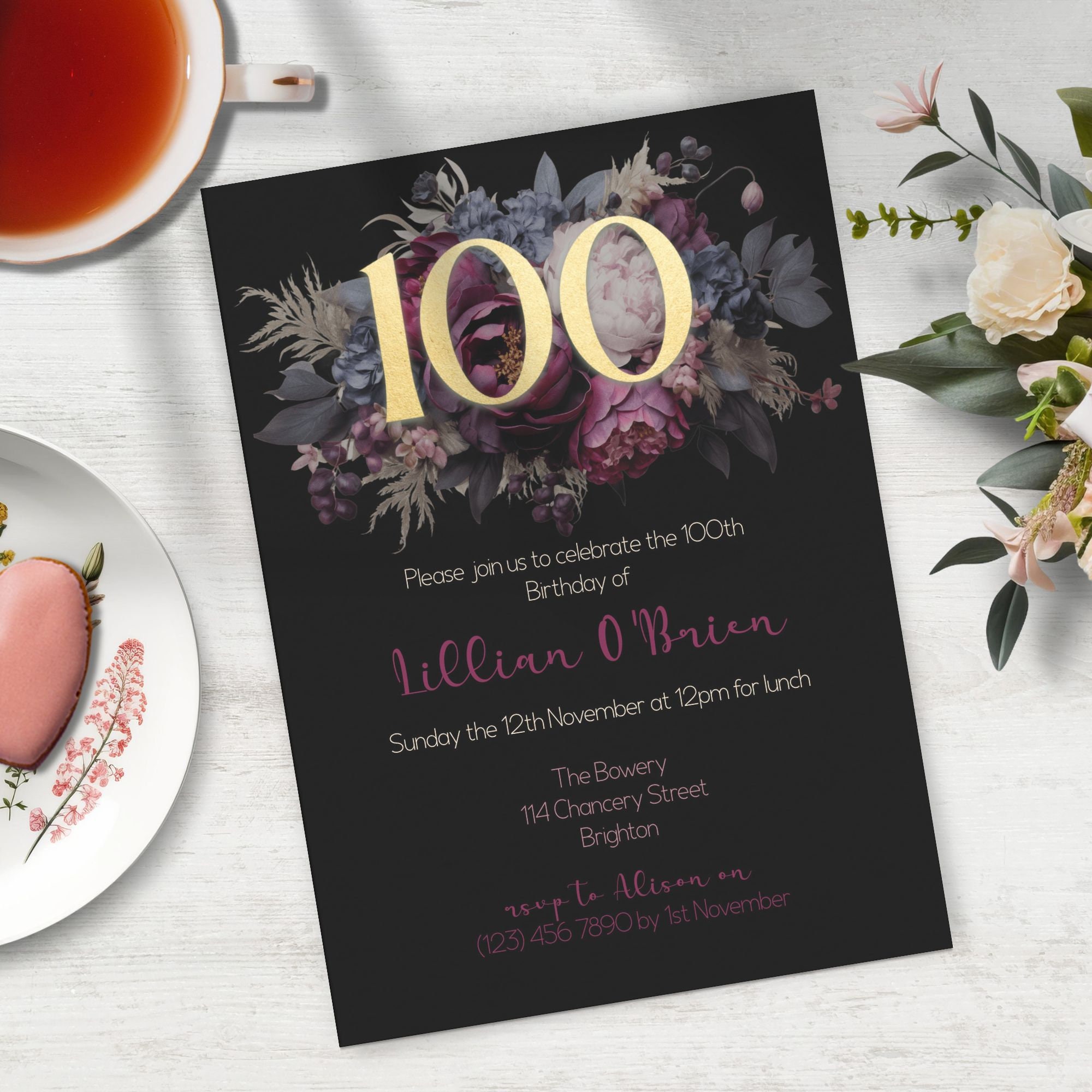 Ladies 100th Birthday Invitation, INSTANT DOWNLOAD, Moody Floral Invite ...