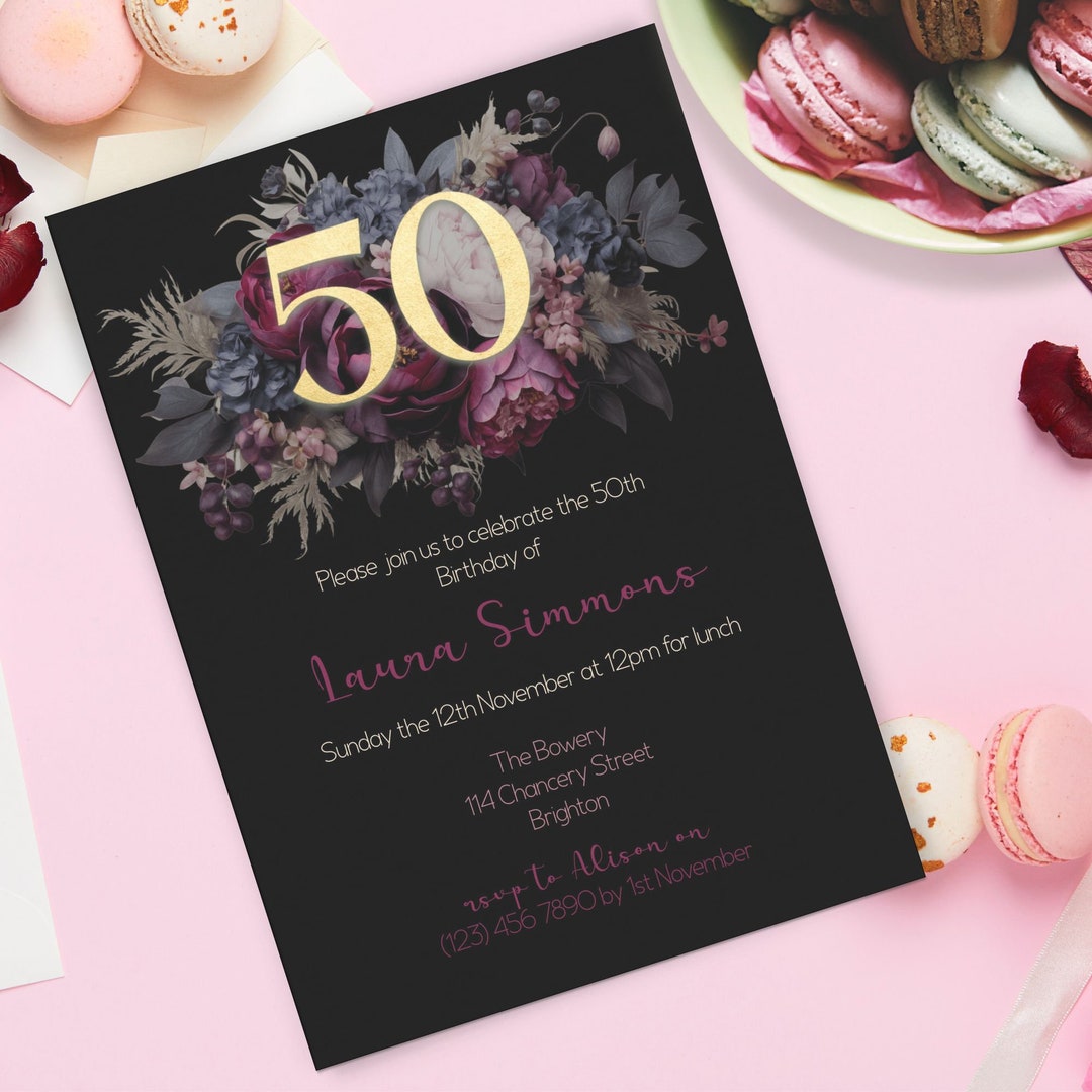 Ladies 50th Birthday Invitation, INSTANT DOWNLOAD, Moody Floral Invite ...