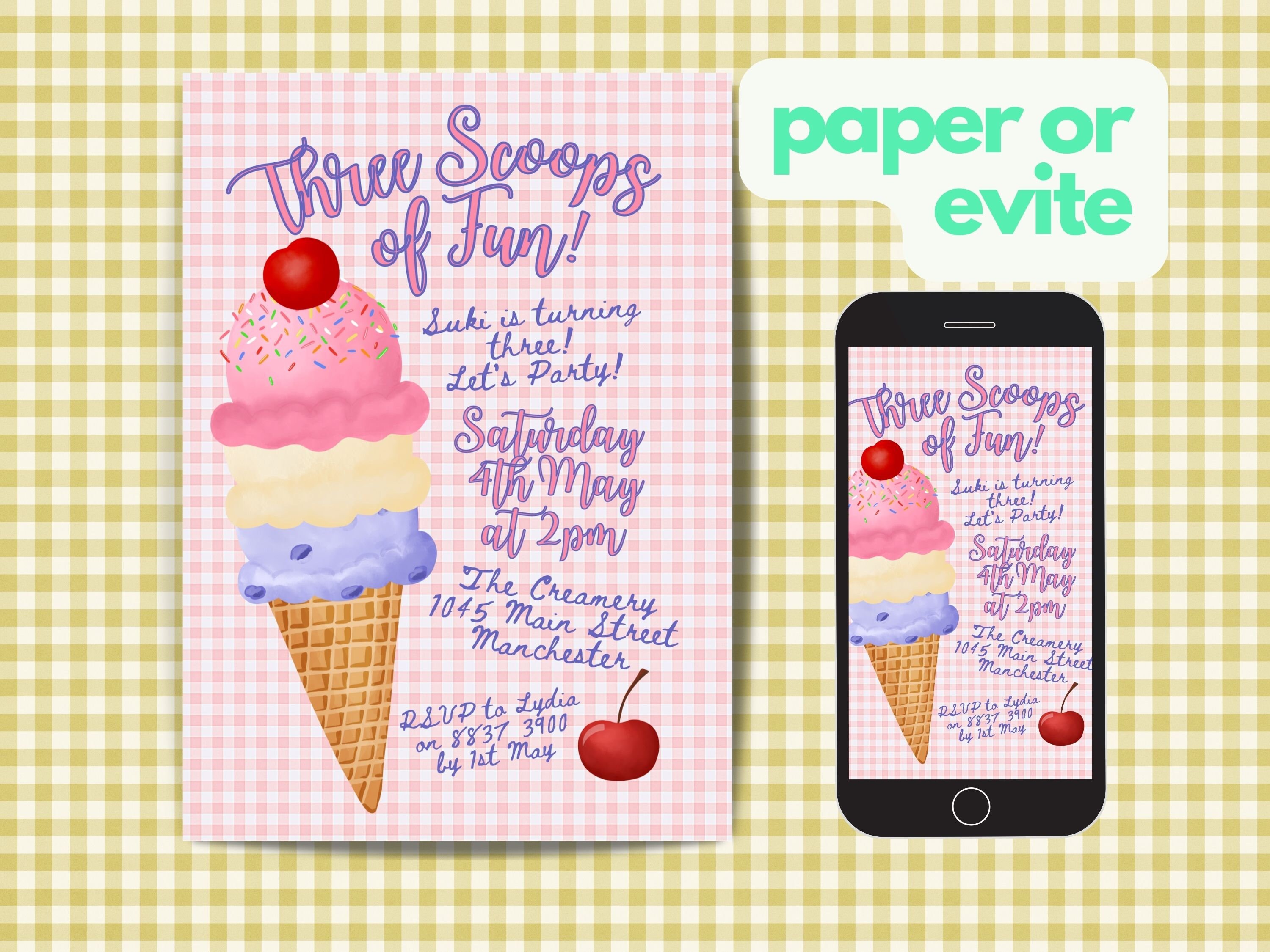 Three Scoops of Fun, Girl Ice Cream Birthday Party Invitation INSTANT ...