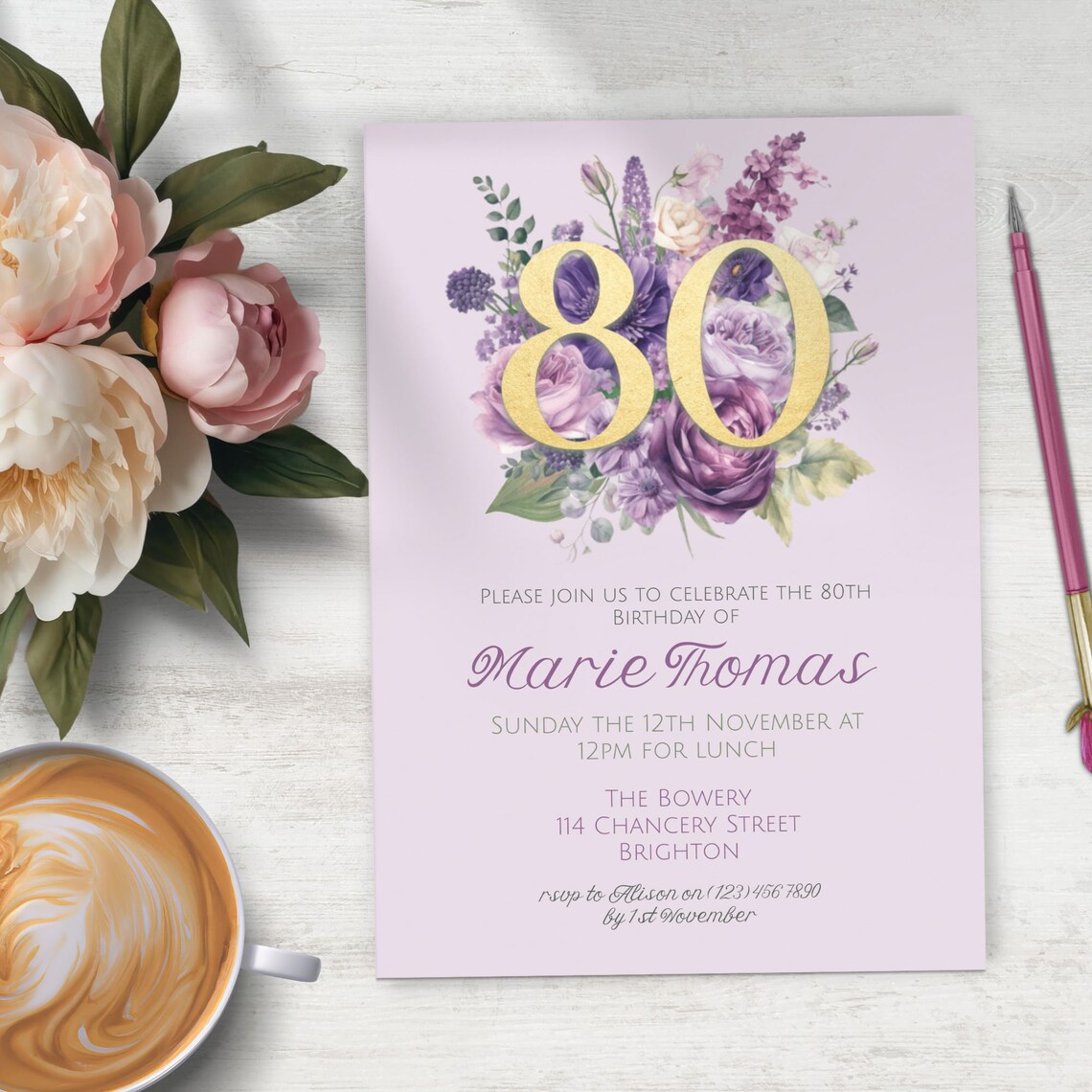 Ladies 80th Birthday Invitation, INSTANT DOWNLOAD, Floral Boho Invite ...