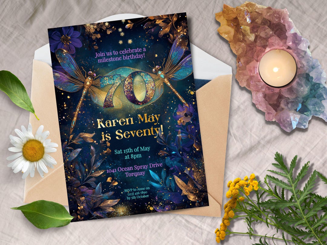 70th Birthday Party Invitation, INSTANT DOWNLOAD, Purple, Teal, Gold, Dragonflies, Ladies ...