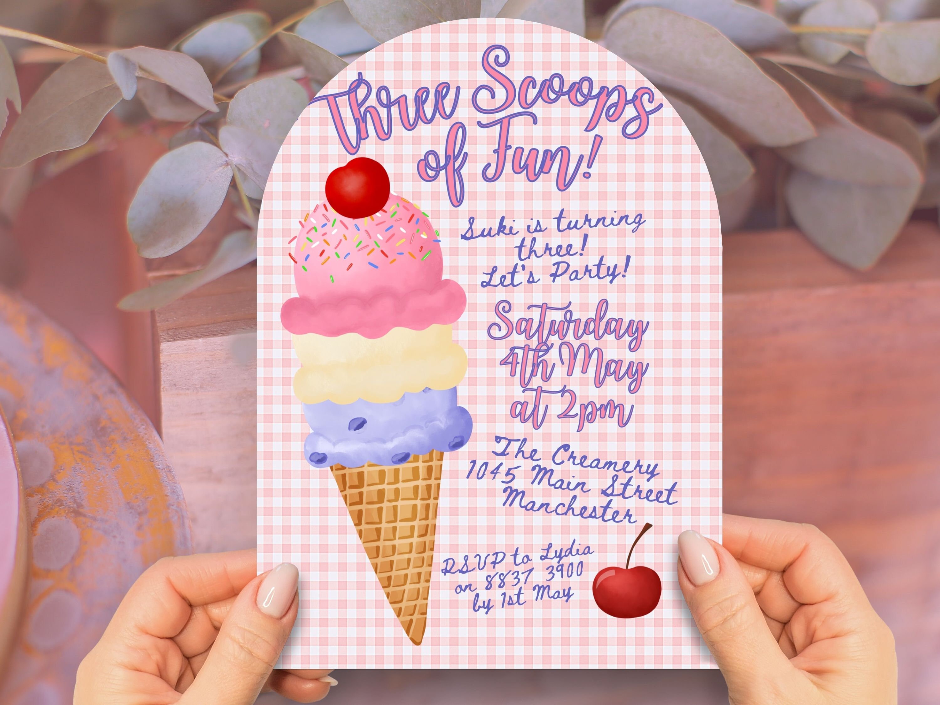 Three Scoops of Fun, Girl Ice Cream Birthday Party Invitation INSTANT ...