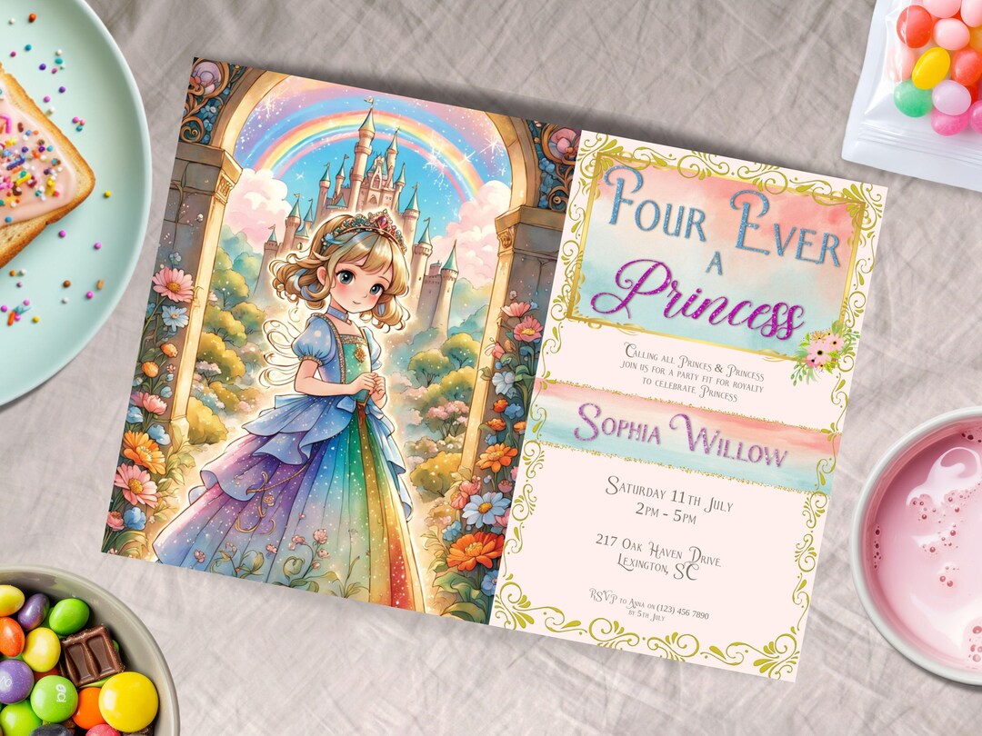 Four Ever a Princess Birthday Invitation, INSTANT DOWNLOAD, Girl ...