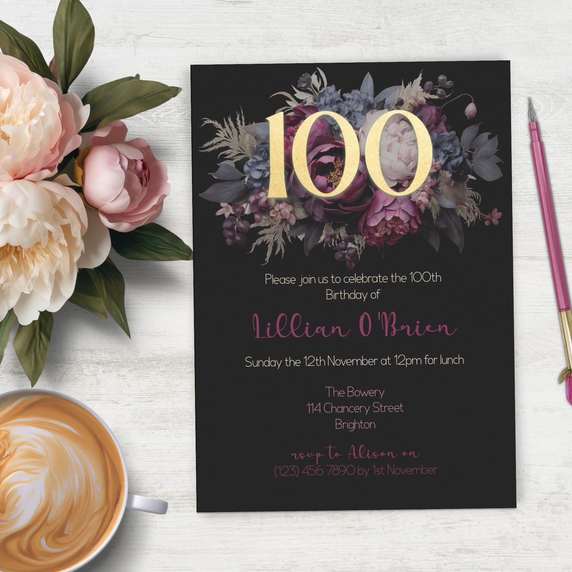 Ladies 100th Birthday Invitation, INSTANT DOWNLOAD, Moody Floral Invite ...