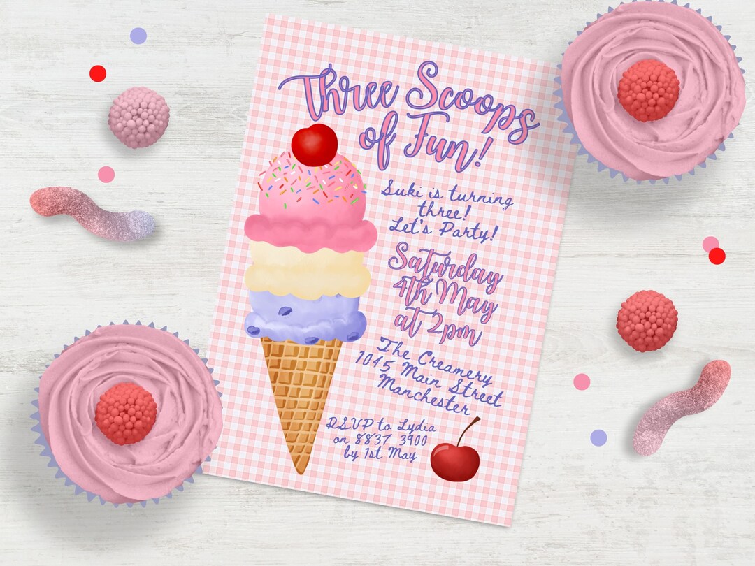 Three Scoops of Fun, Girl Ice Cream Birthday Party Invitation INSTANT ...