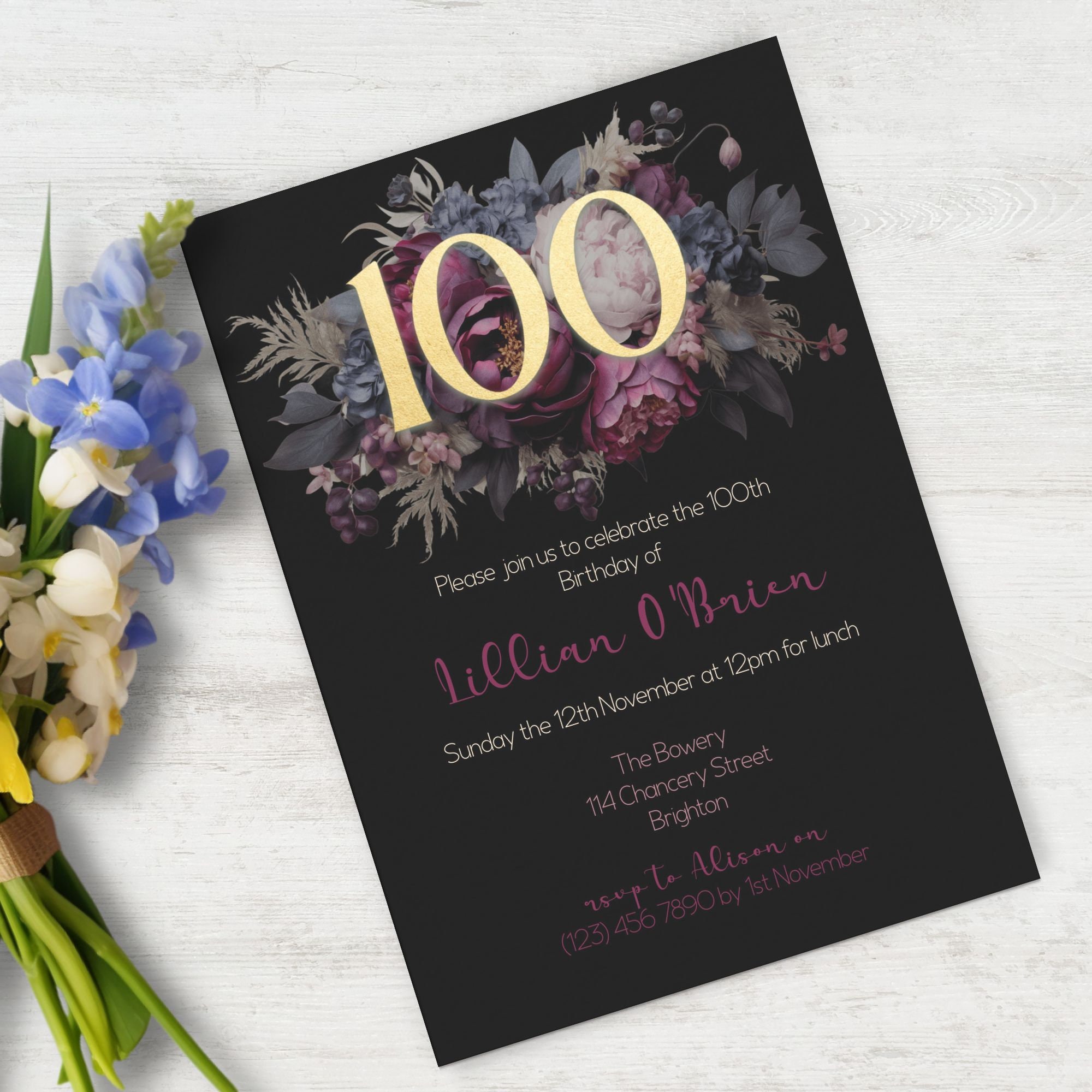 Ladies 100th Birthday Invitation, INSTANT DOWNLOAD, Moody Floral Invite ...