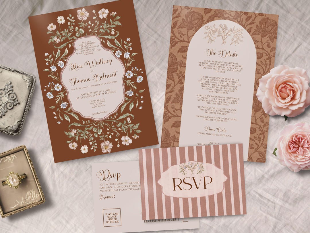 Mocha Floral Wedding Invitation Bundle, INSTANT DOWNLOAD, Regency ...