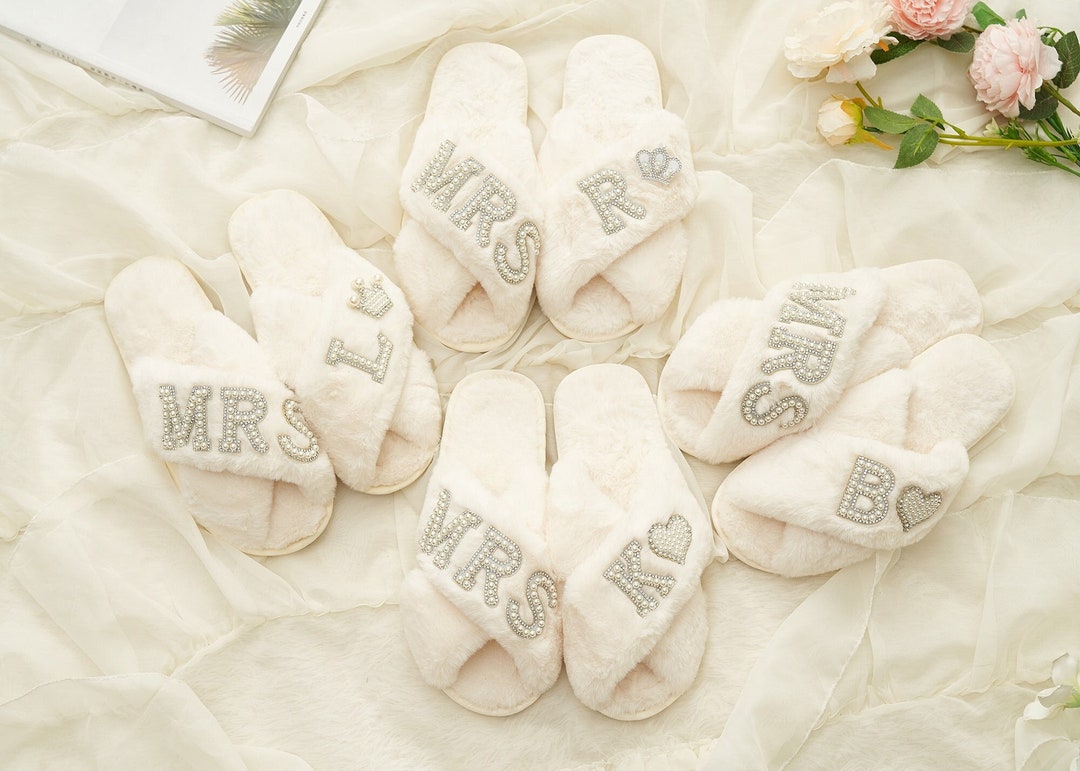 Mrs Pearls Slippers Bridal Fluffy Pearls Slippers Bride - Etsy