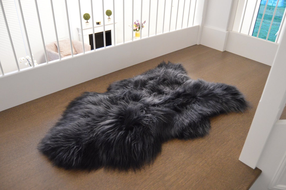 Genuine Natural Icelandic BLACK-SILVER Sheepskin Rug, Pelt, Carpet ...