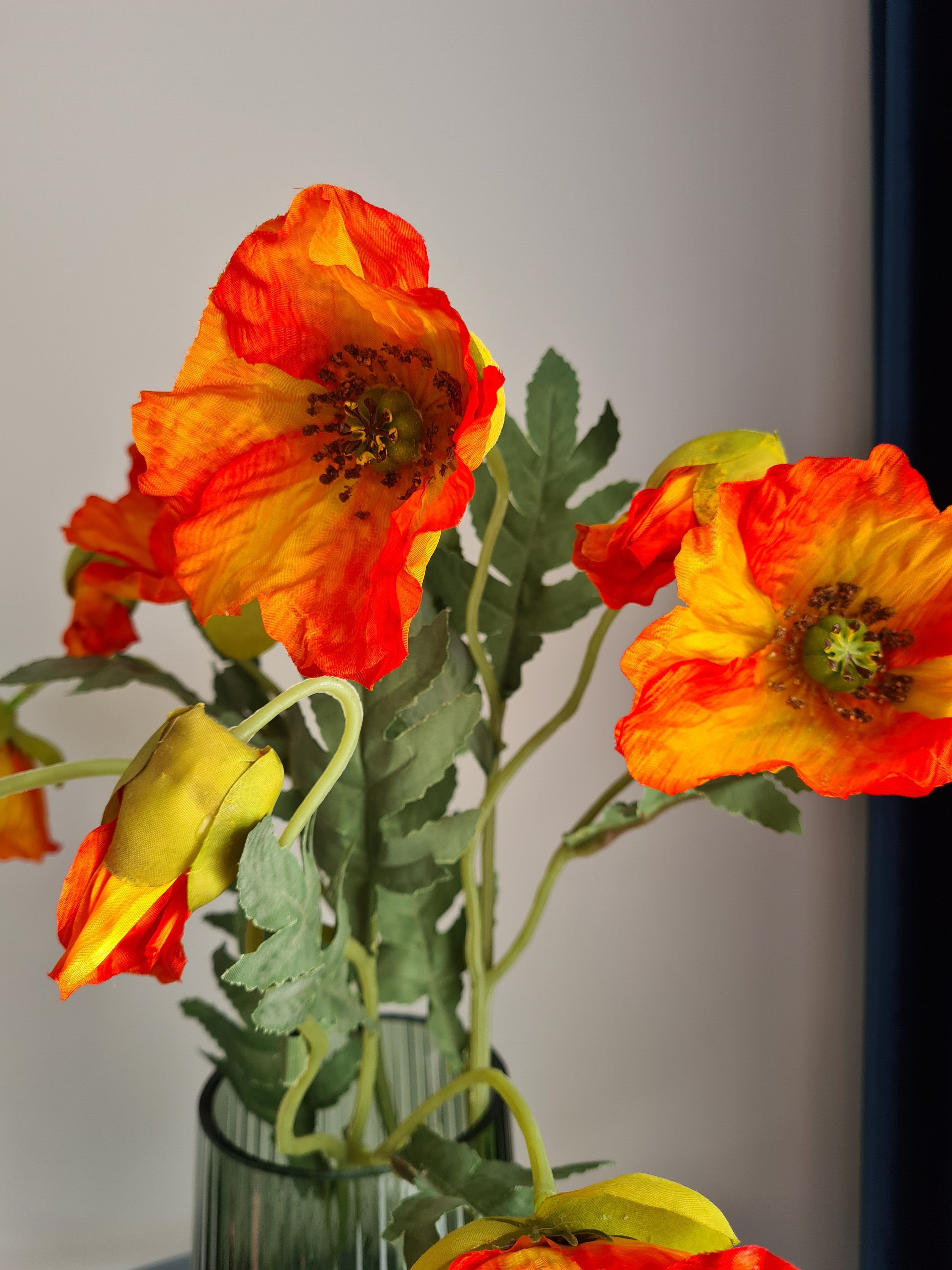 Poppy Flowers Artificial Faux Silk Orange Yellow Blossoms Buds Bouquet ...