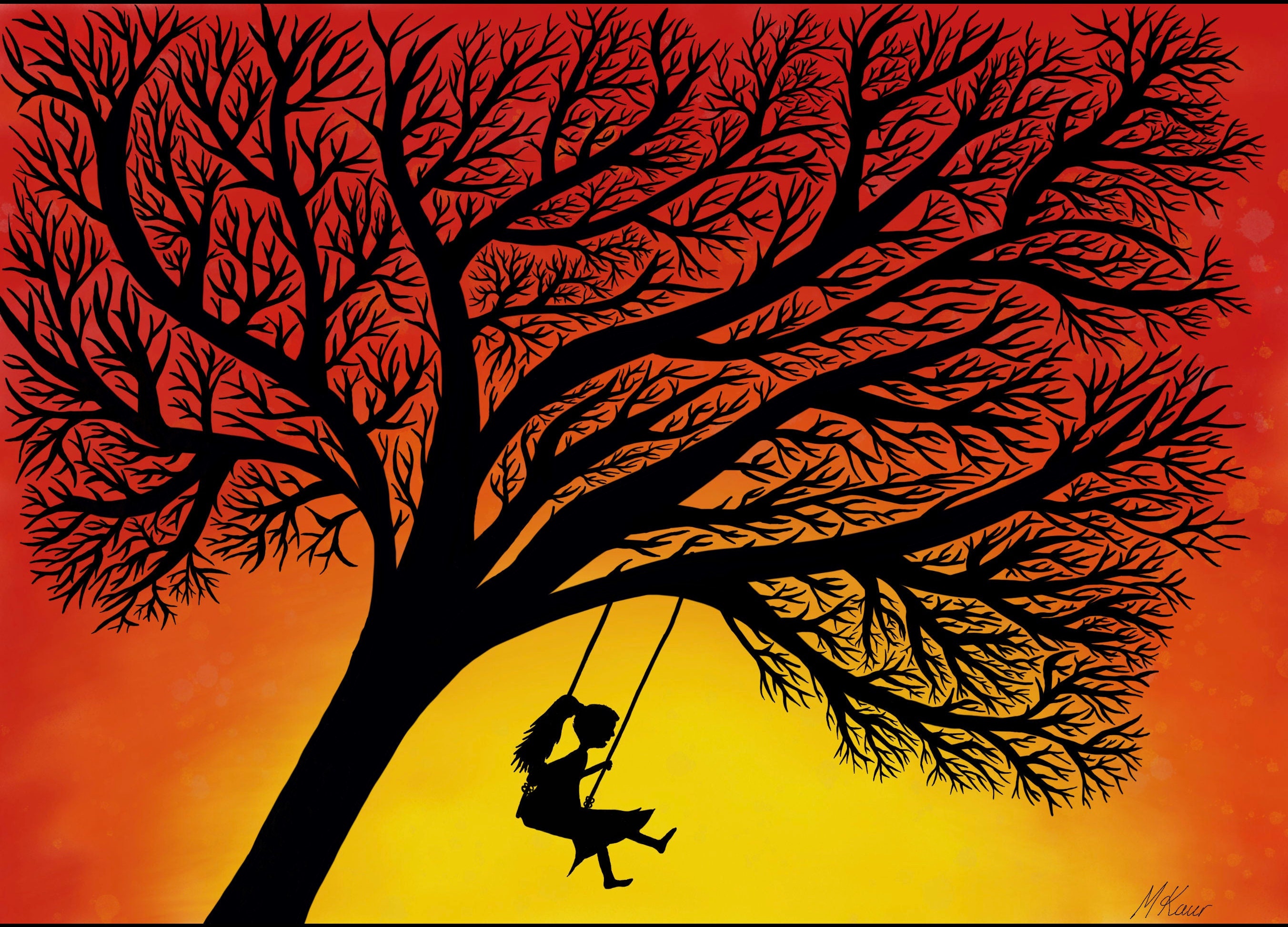 Sunset Art Print With Tree and Girl on a Swing, Abstract Print, Orange ...