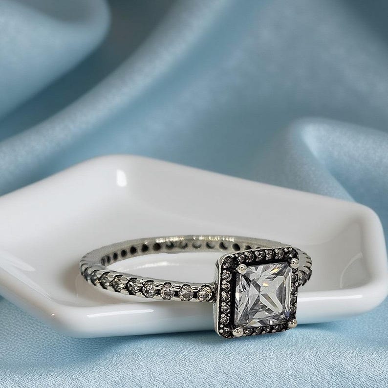 Unique Square Halo Ring, Sparkle Silver Cocktail Ring, Statement Design ...
