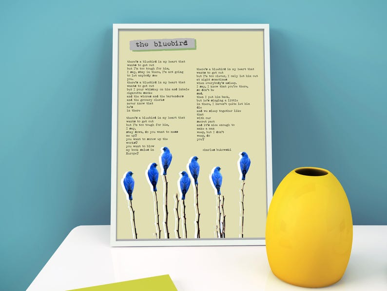 Charles Bukowski the Bluebird Poem Print Poster - Illustration Modern ...
