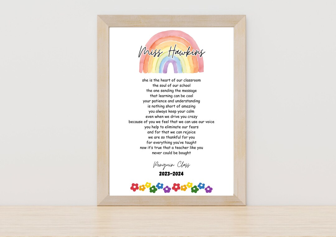 Personalised Rainbow Poem for Teacher, Gifts for Teacher, Pre-school ...