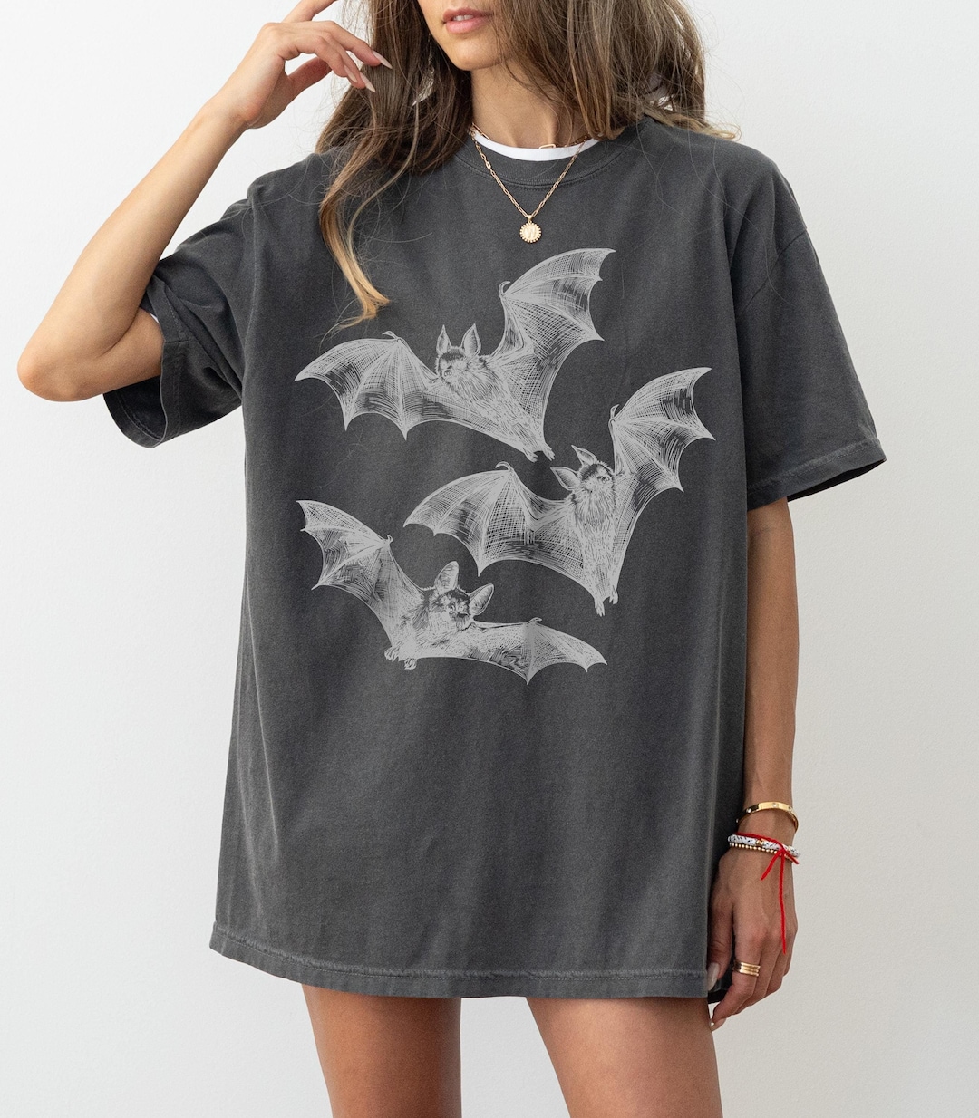 Three Bats T-shirt, Vintage 90s Style Bat T-shirt, Washed Retro Gothic ...