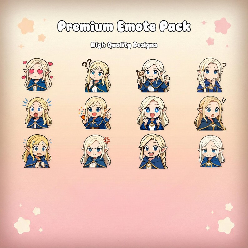 Cute Elf Girl Sorceress Emotes Pack – 20 Chibi Fantasy PNG Emotes for ...