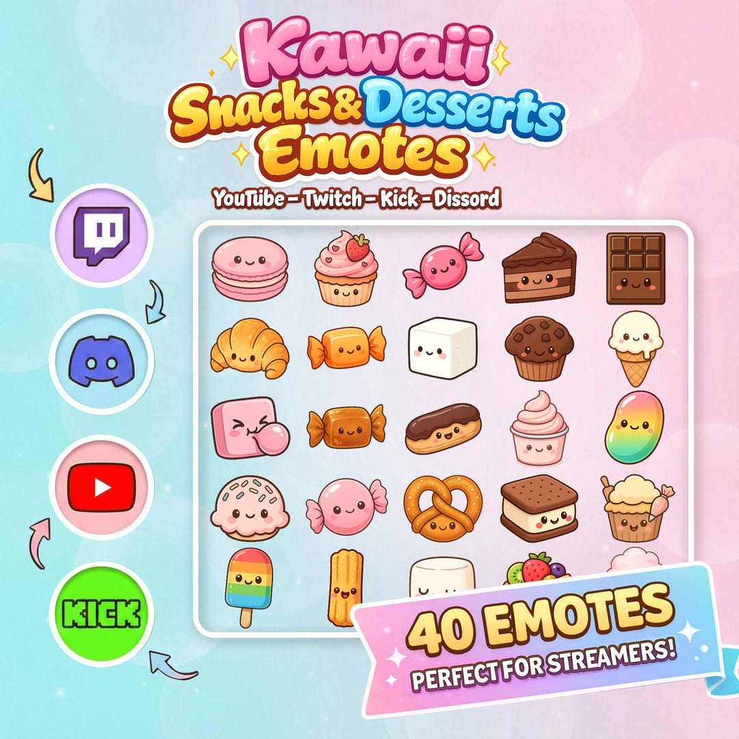 Kawaii Snacks & Desserts Emotes Pack – 40 Cute Food PNG Emotes for ...