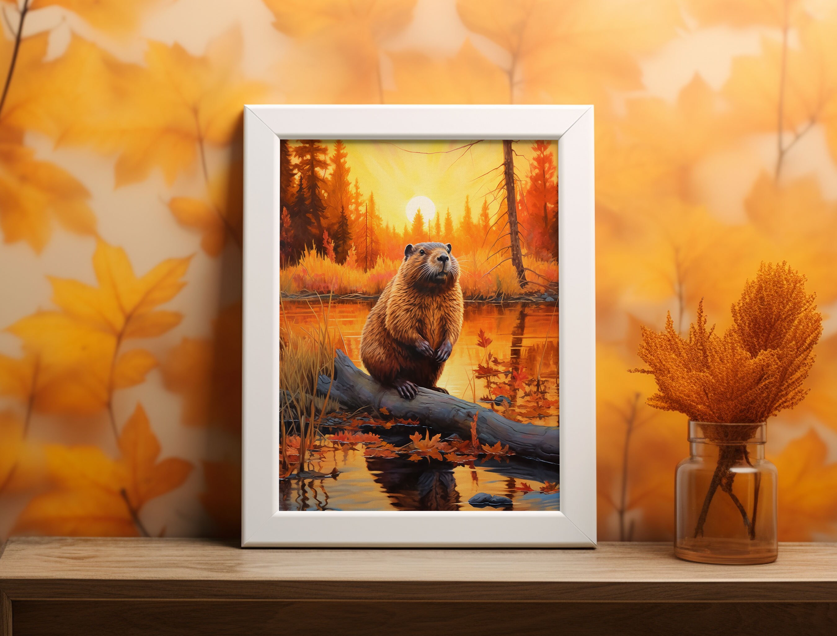 Beaver Sunset River Autumn Painting Printable Wall Art - Etsy