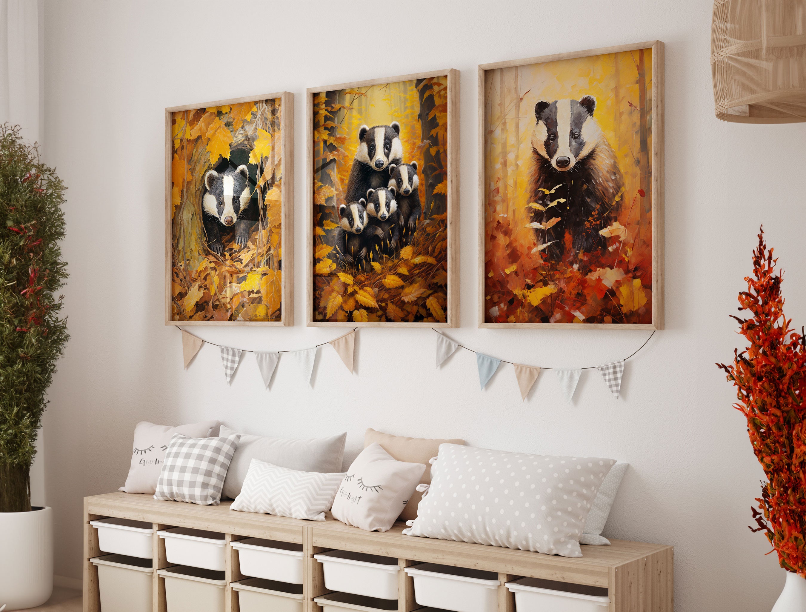 Set of Six Badger Fall Season Paintings Printable Wall Art Instant ...