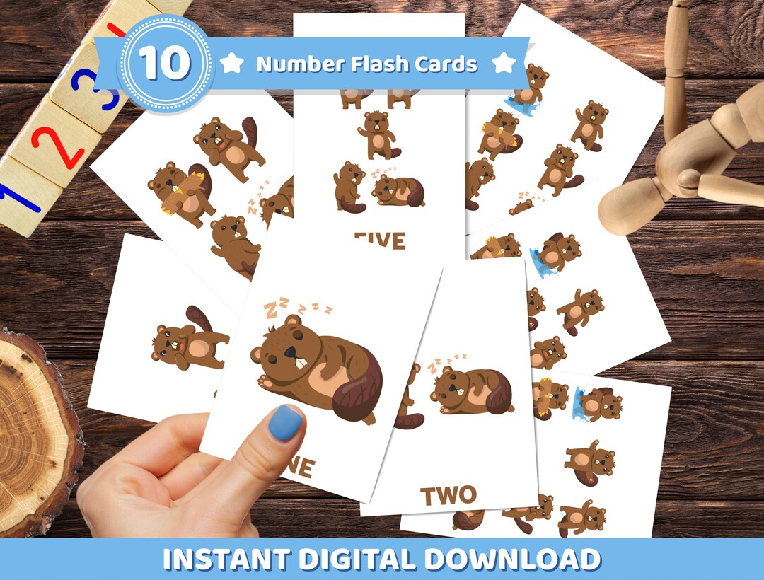 Numbers 1 to 10 Beaver Theme Flash Cards Printable Educational Art ...