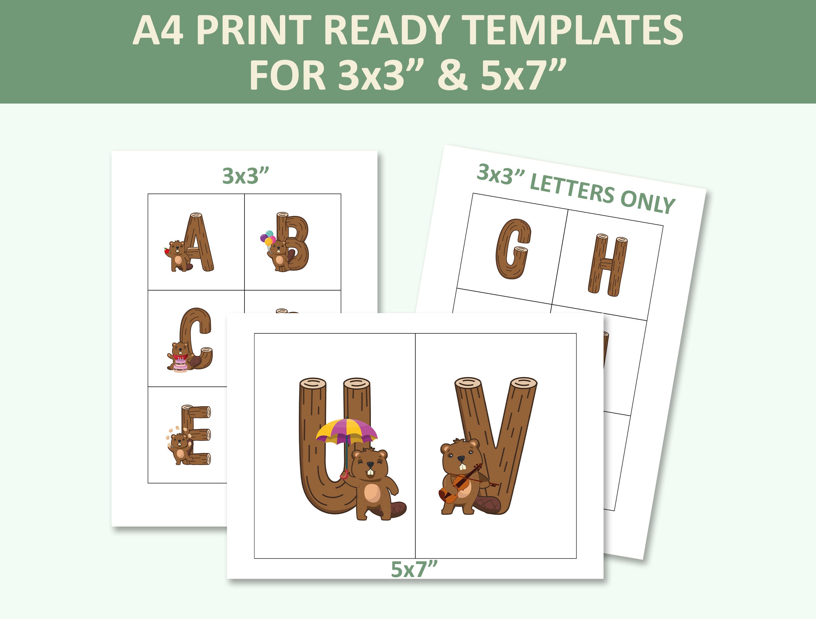 Letters A to Z Beaver Wood Theme Alphabet Flash Cards Printable ...