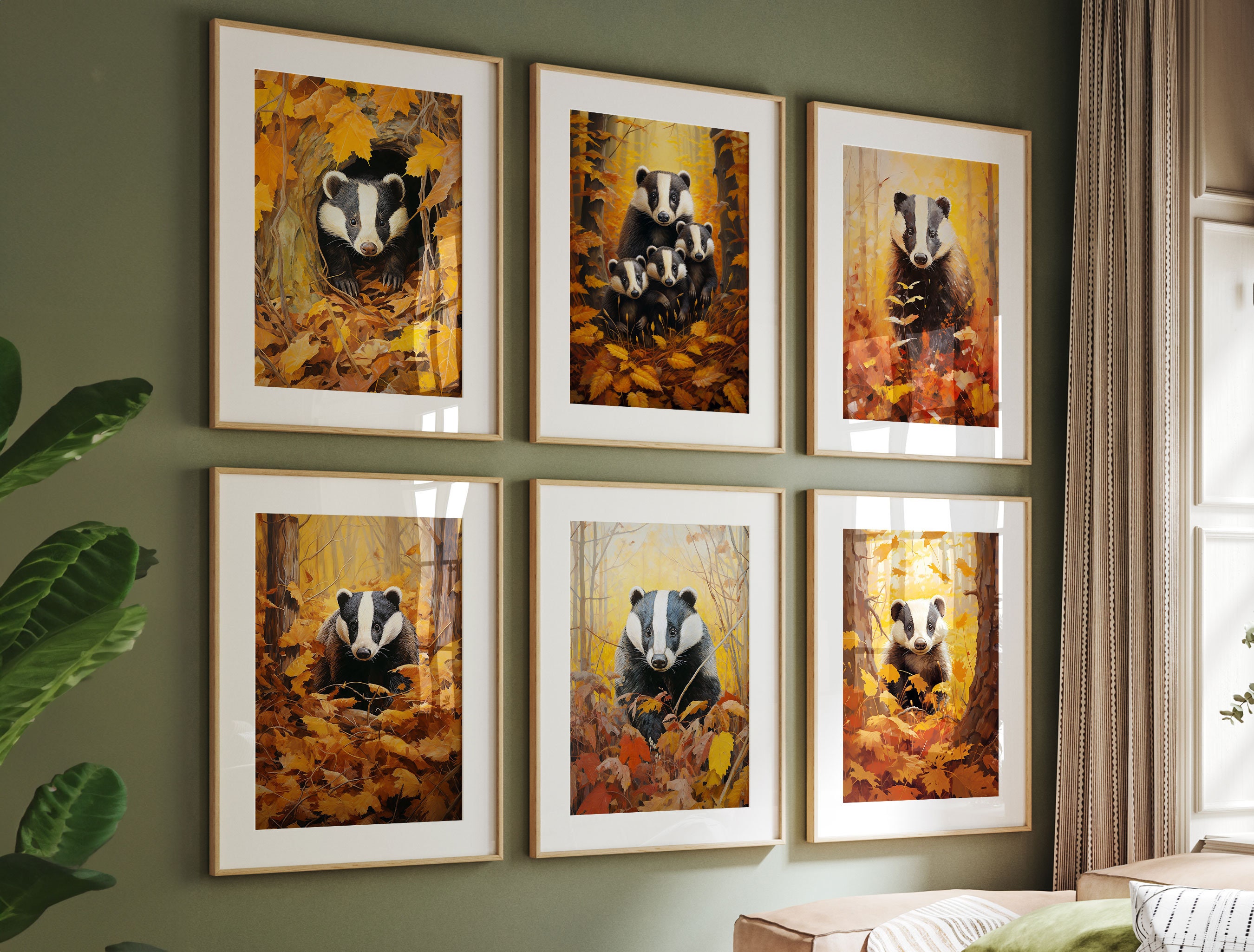 Set of Six Badger Fall Season Paintings Printable Wall Art Instant ...
