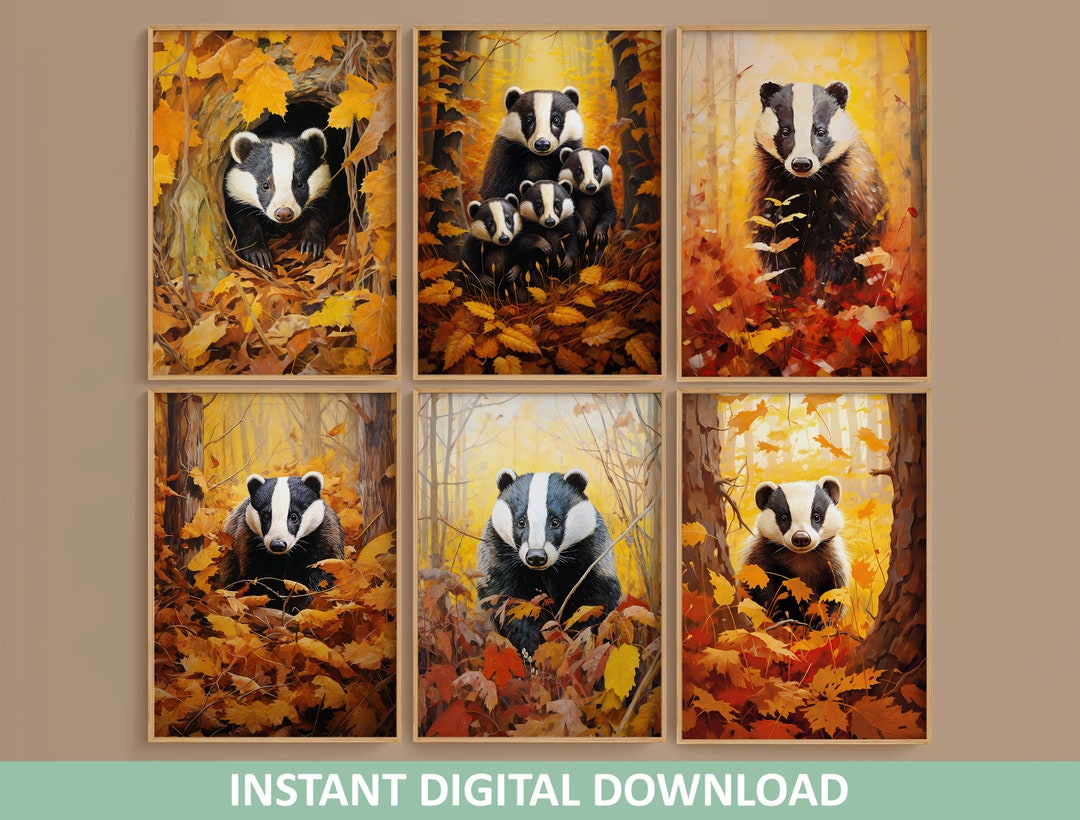 Set of Six Badger Fall Season Paintings Printable Wall Art Instant ...