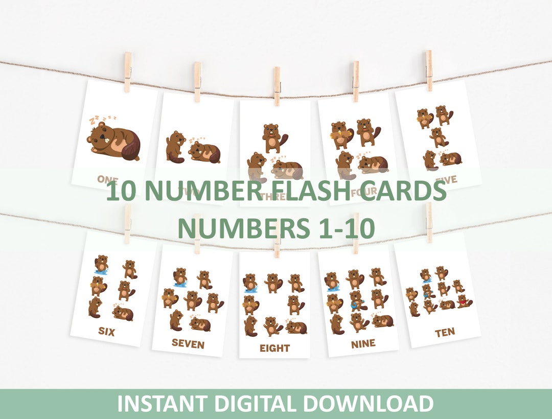Numbers 1 to 10 Beaver Theme Flash Cards Printable Educational Art ...