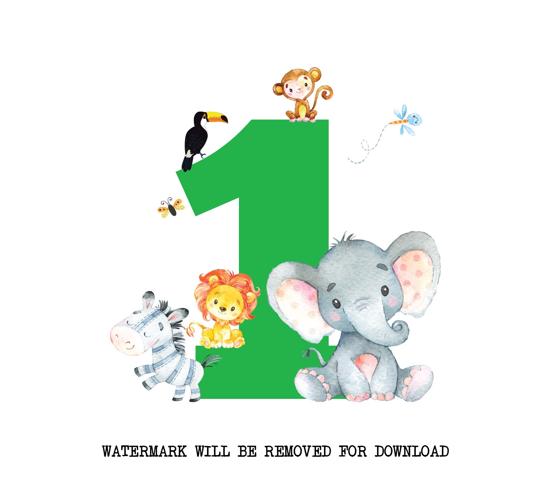 First Birthday Jungle Animals PNG, Watercolor Baby Animals, Safari ...