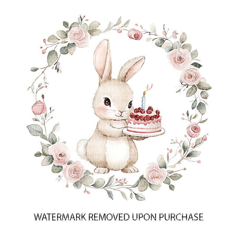 Bunny Birthday PNG, Cute Rabbit With Cake and Floral Wreath Sublimation ...