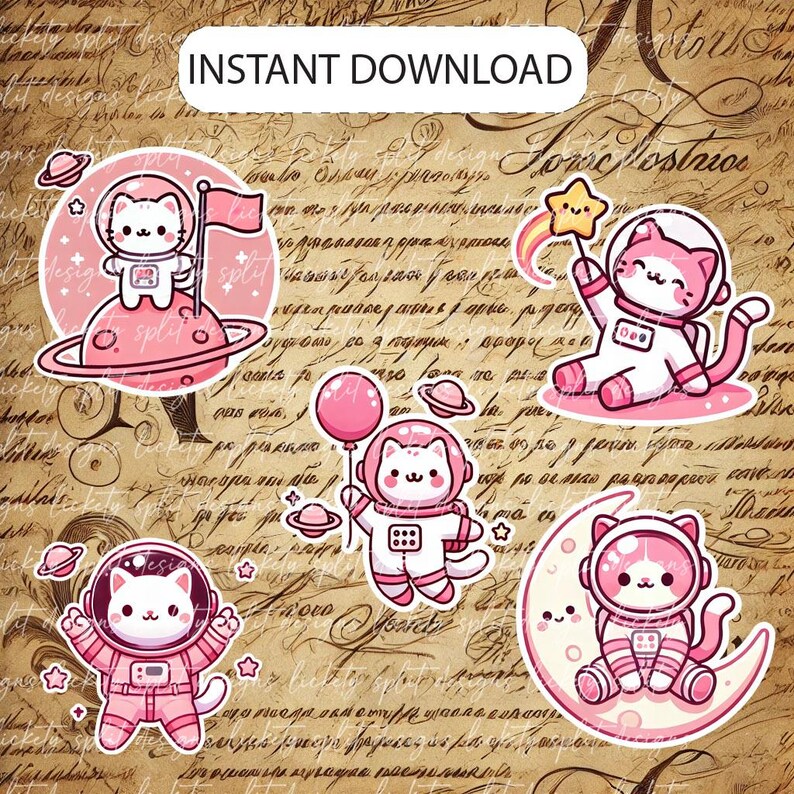 Cute Space Cat Sticker Set, Kawaii Astronaut Cat Digital Download ...