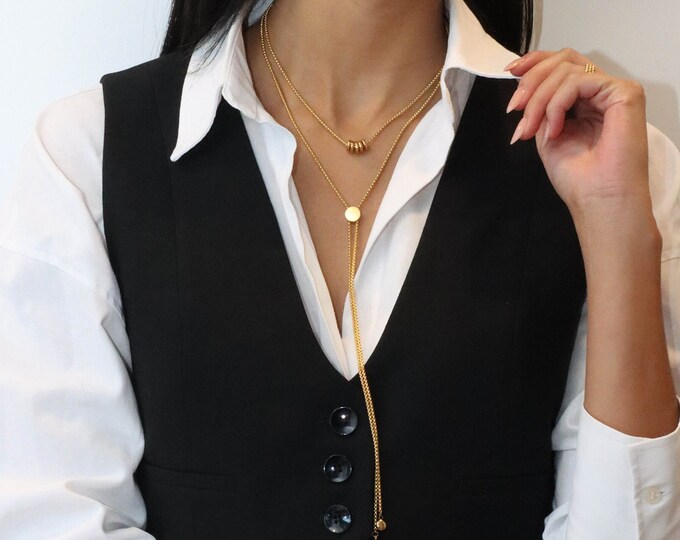 Gold Tie Chain Necklace, Lariat Necklace, Bolo Tie Necklace, Gold Chain ...