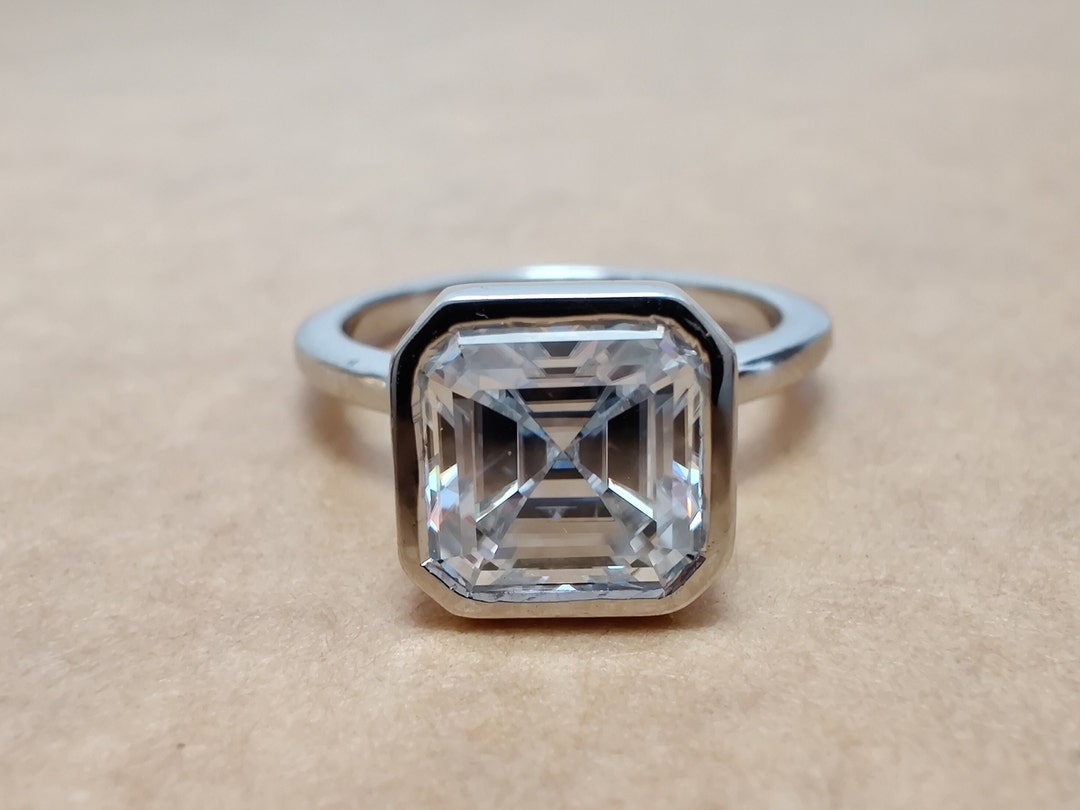 Bezel Set Asscher Cut Solitaire Moissanite Engagement Ring / 14K Gold Dainty Moissanite Ring ...