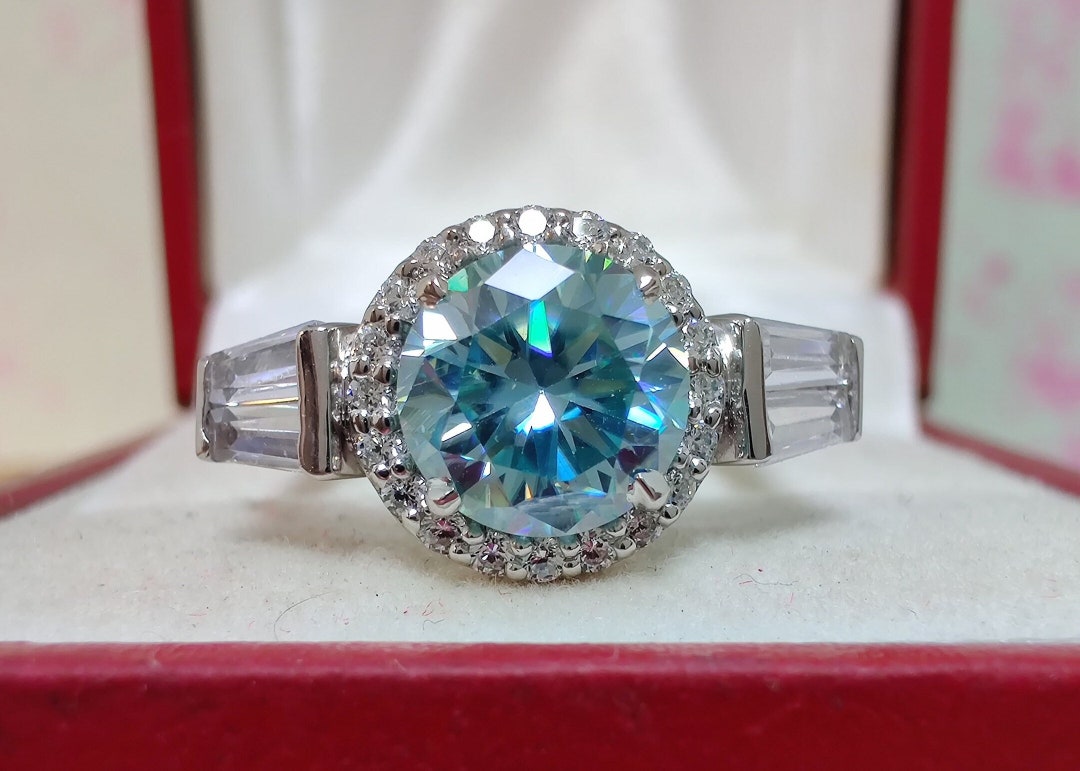 Three Stone Wedding Ring Cyan Blue Moissanite Halo Engagement Ring 3 ...