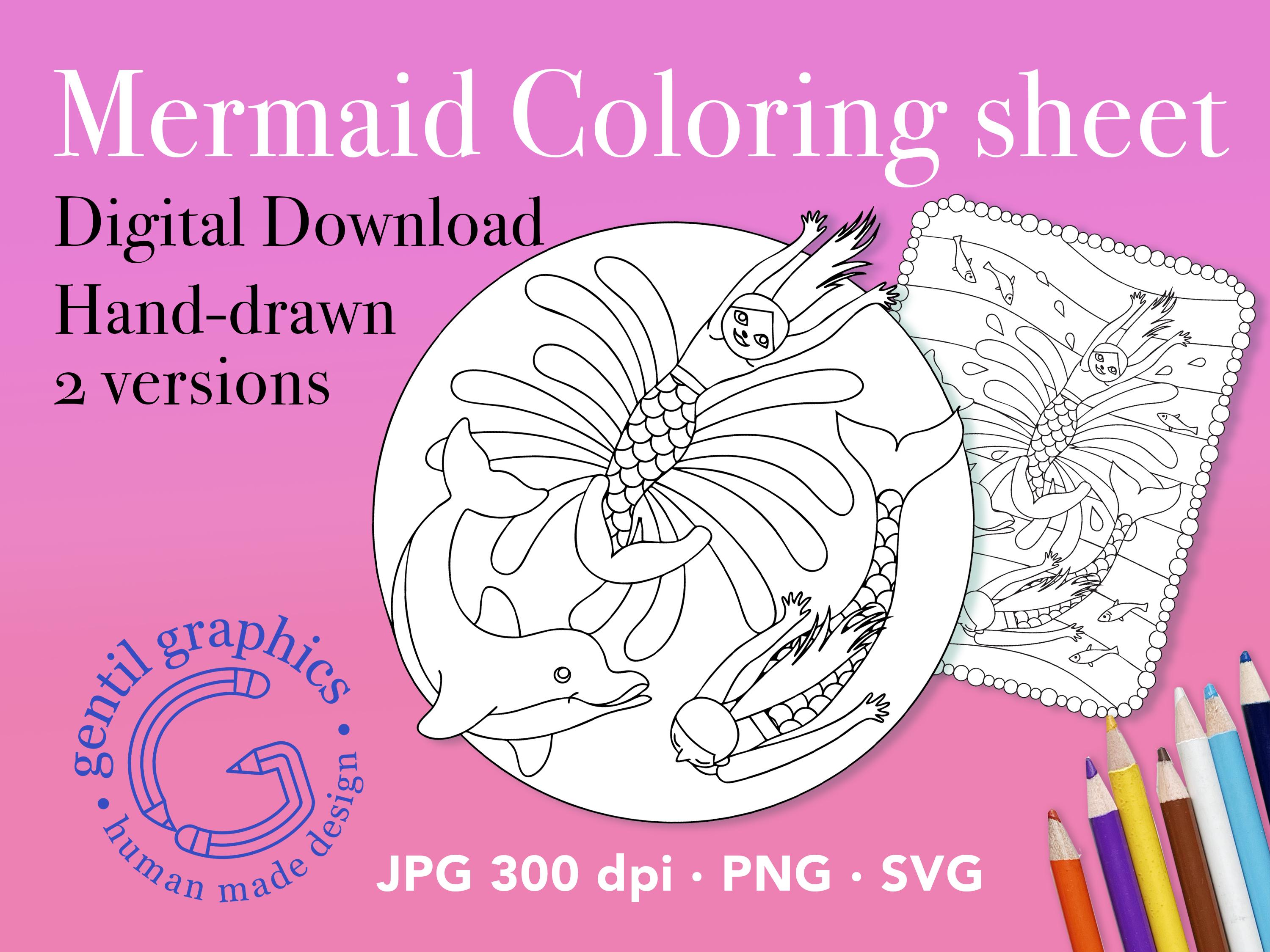 Hand-drawn Mermaid Coloring Page – Digital Printable PNG JPG SVG for ...
