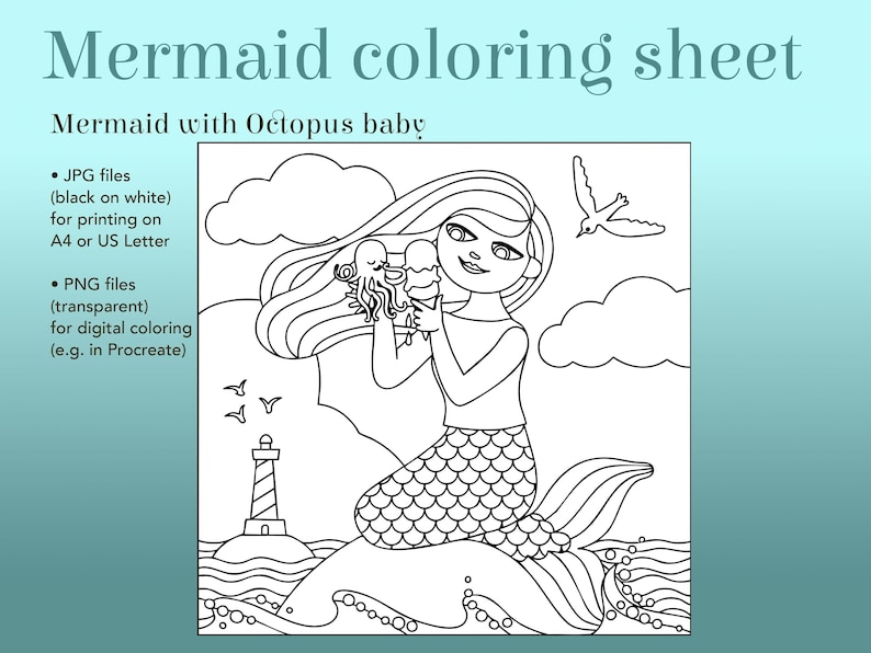 Mermaid With Octopus Baby Coloring Page | Hand-drawn Ocean Art ...