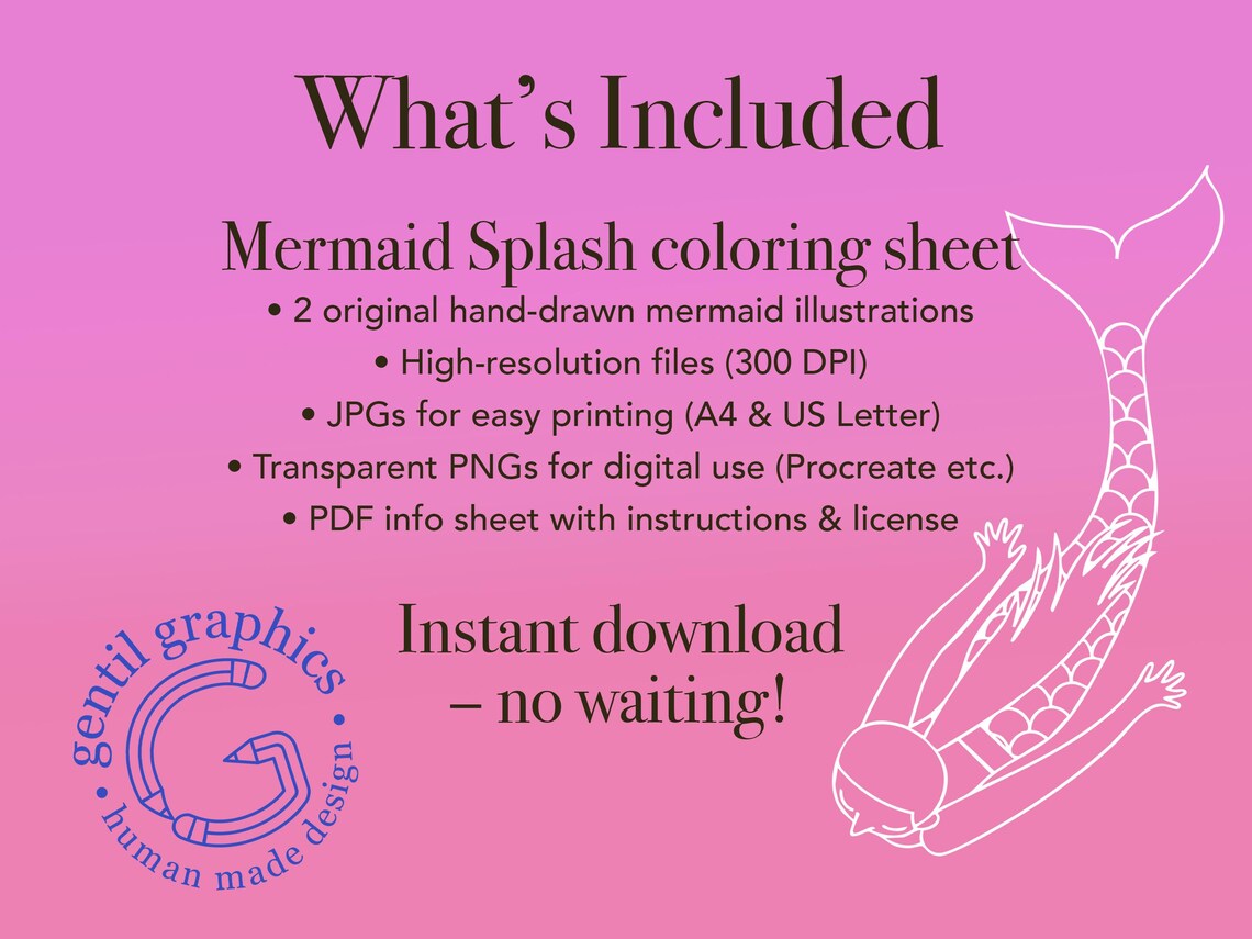 Hand-drawn Mermaid Coloring Page – Digital Printable PNG JPG SVG for ...