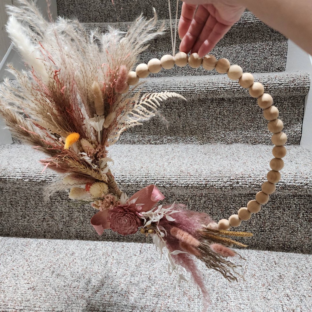 Dried Pampas Grass Wreath, Boho Style, Wood Beads Wreath, Door and Wall ...