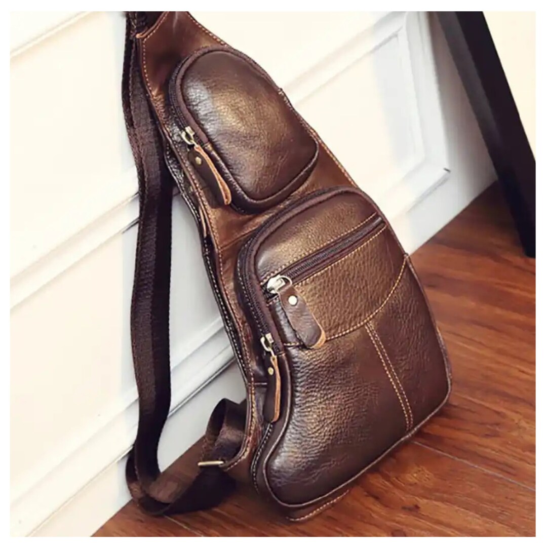 Genuine Leather Cowhide Vintage Sling Single Chest Bag Back Day Pack ...