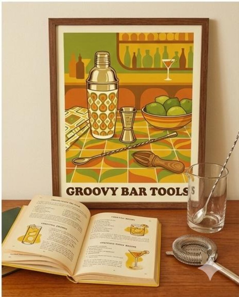 Retro Bar Tools Art Print | Mixology Wall Decor | Funky Cocktail | 70s ...