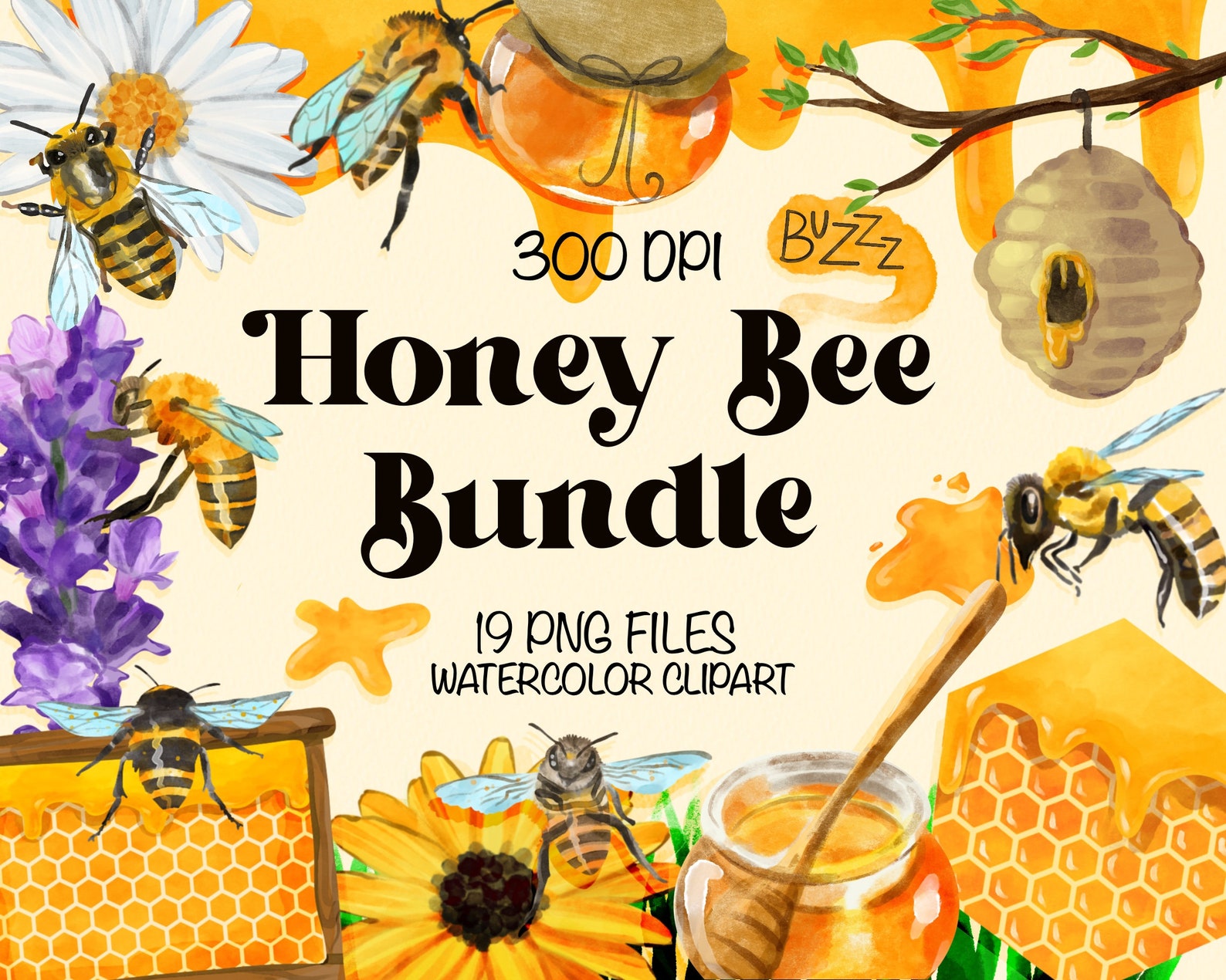 Watercolor Honey Bee Clipart Png Bundle for Creators - Etsy