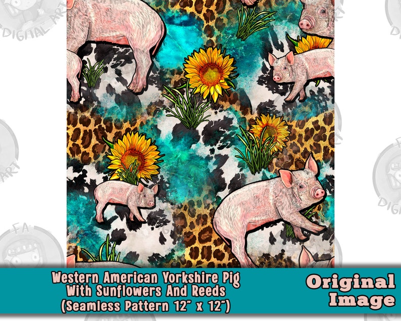 Western American Yorkshire Pig Sunflowers Seamless Pattern - Etsy