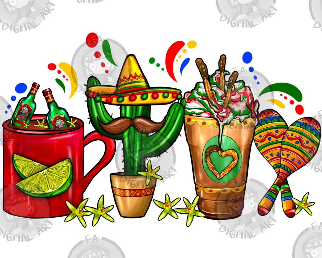 Mexico Coffee Cups With Cactus Sombrero and Maracas Png Sublimation ...