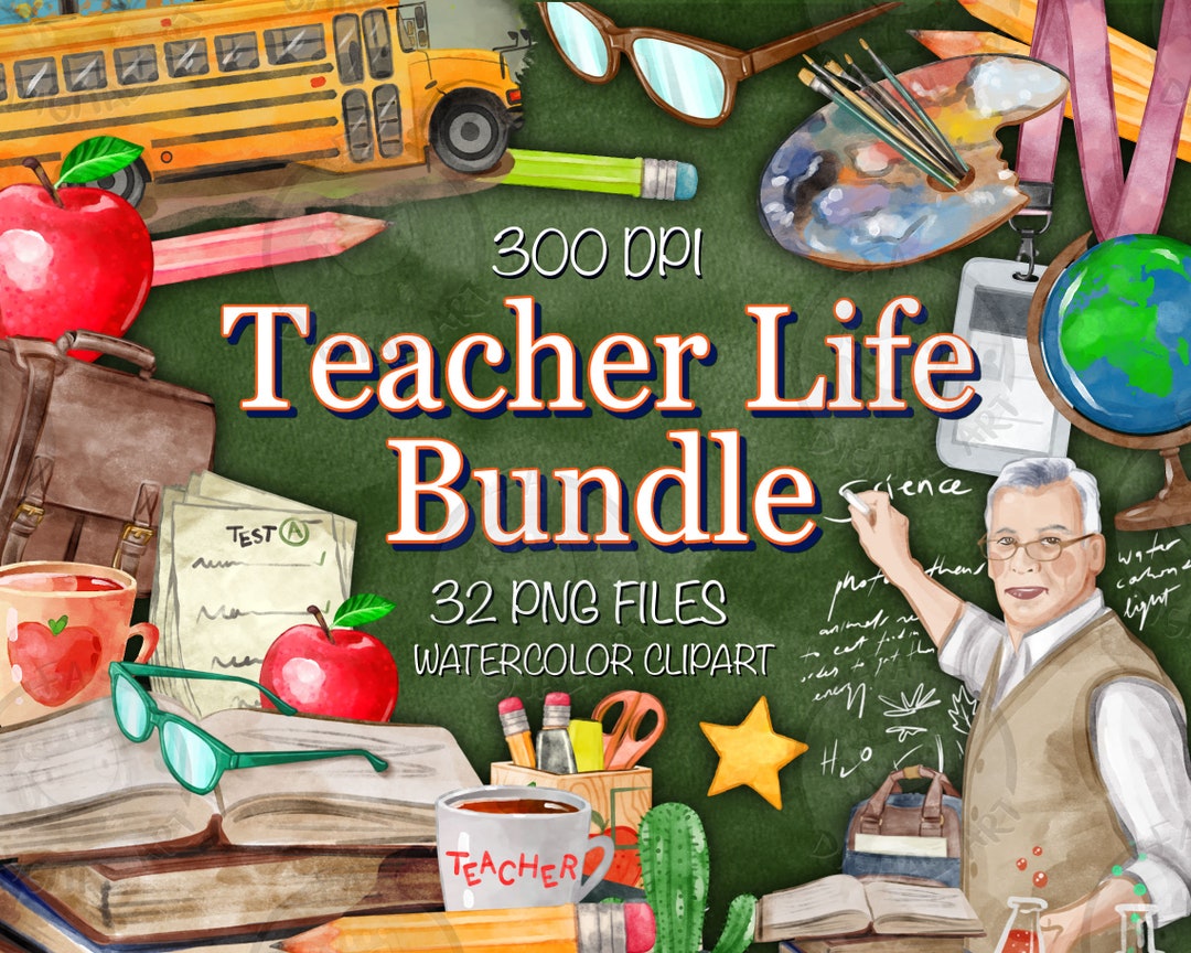 Teacher Life Png Bundle for Creators, Watercolor Teacher Clipart ...