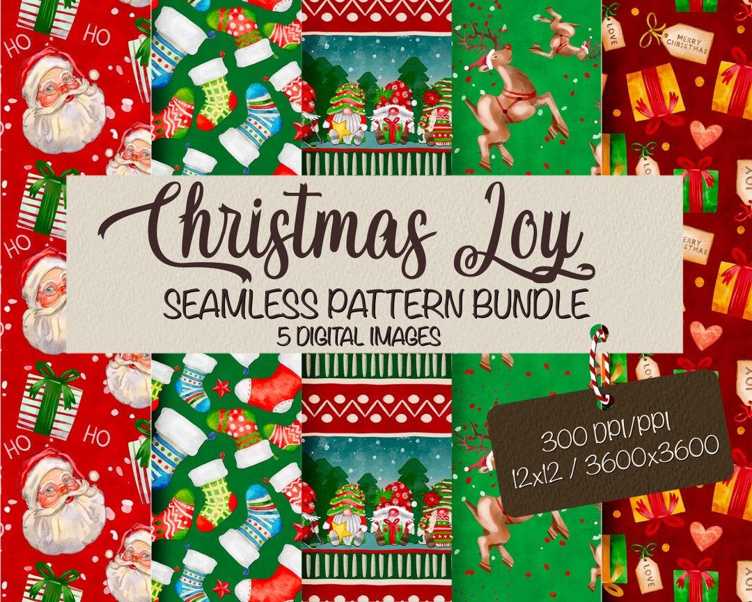Christmas Joy Seamless Pattern Png Design Bundle, Watercolor Christmas ...